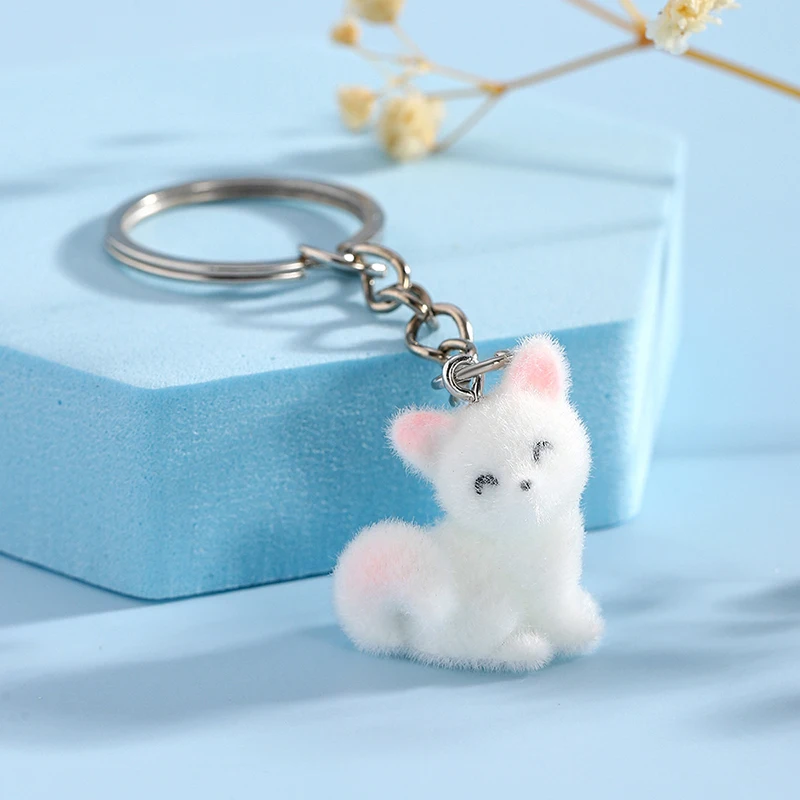Cute 3D Flocking Cat Keychain Flocked Little Cat Couple Mobile Phone Pendant Car Keyring ...
