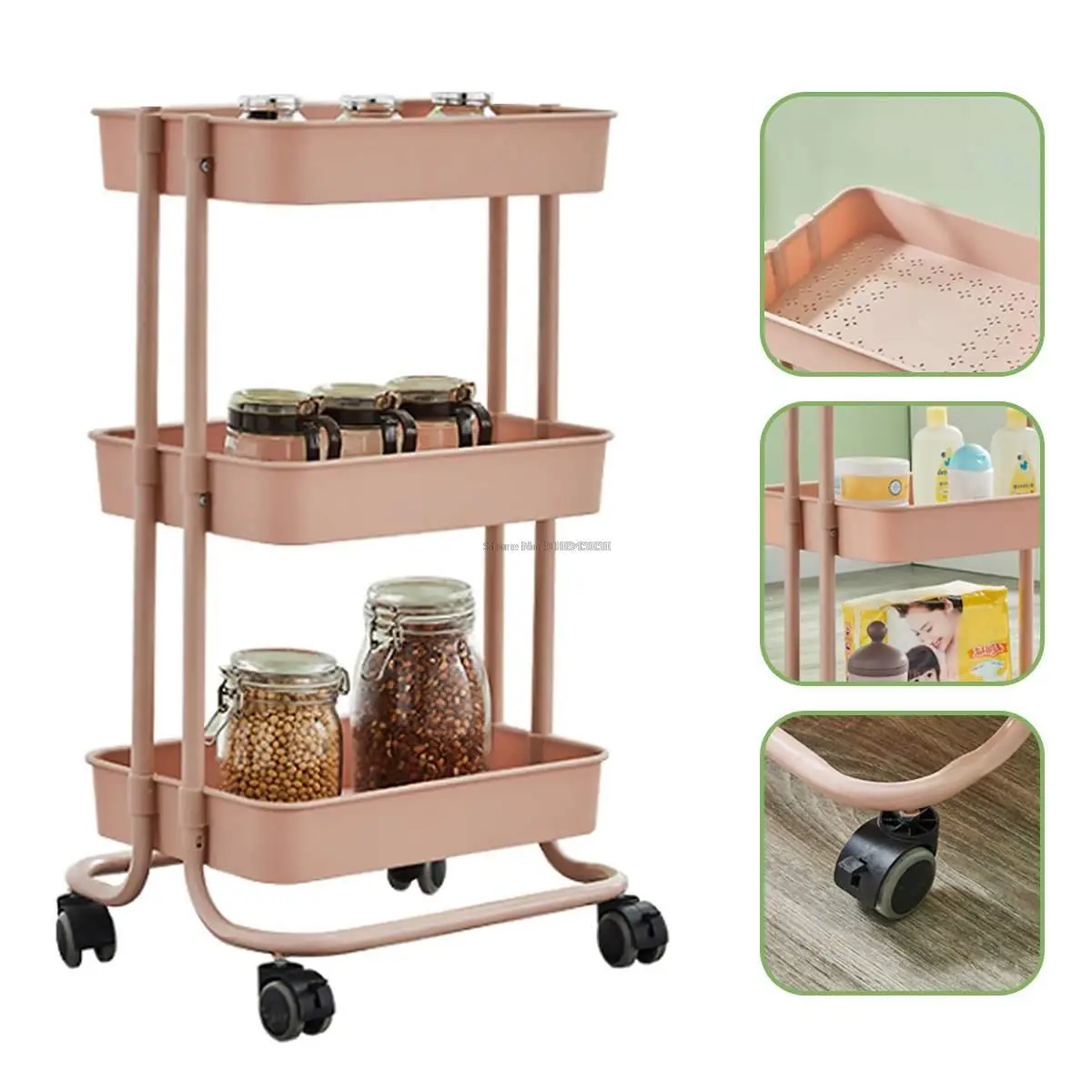 3-Tier Rolling Utility Cart Kitchen Trolley Rolling Storage Cart with ...