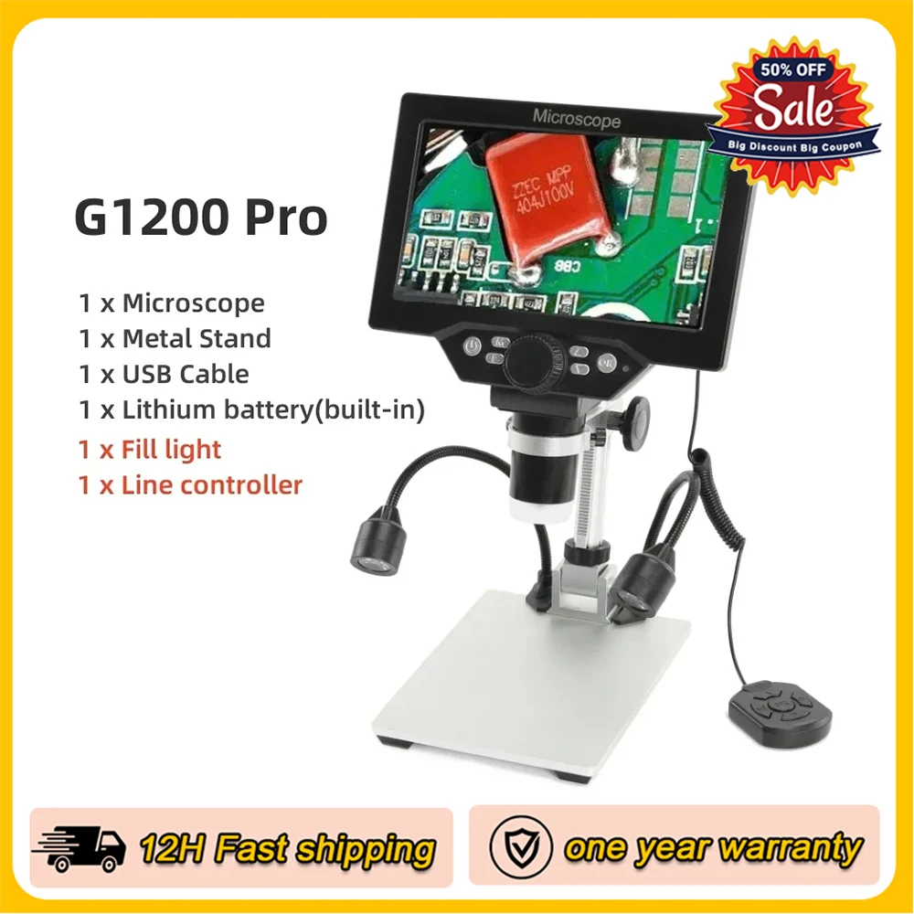 G1200 7-Inch Digital Microscope 1200x Continuous Zoom HD 12MP Industry ...