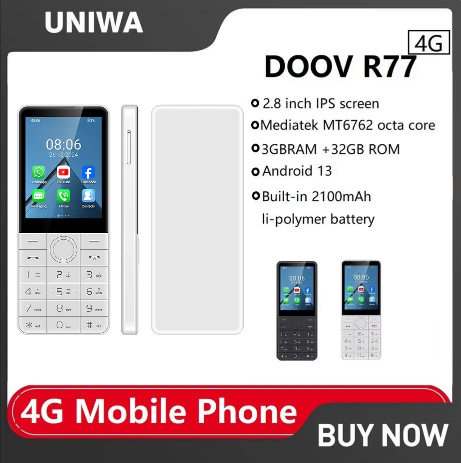 UNIWA DOOV R77 4G Mobile Phone Smart Touch Screen Android 13 Keypad ...