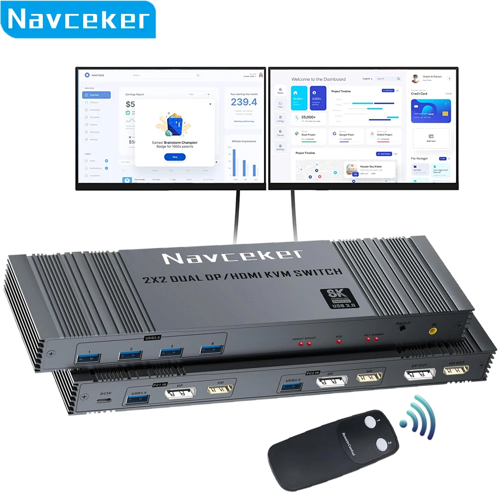 Двойной монитор Navceker 2x2 HDMI DP KVM-переключатель 4K 120 Гц ...