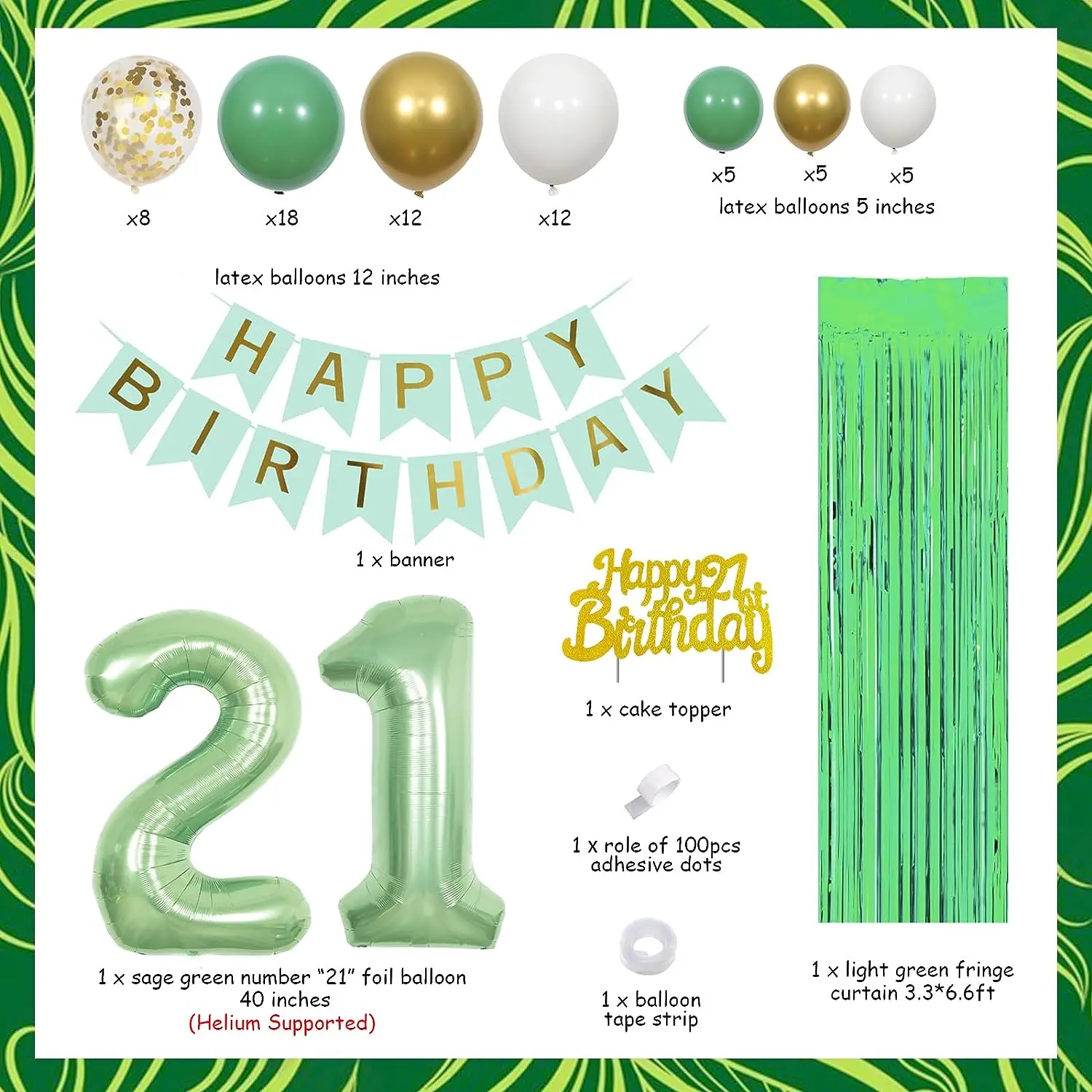 Sage Green 21st Birthday Decorations for Her Green Balloon Garland ...