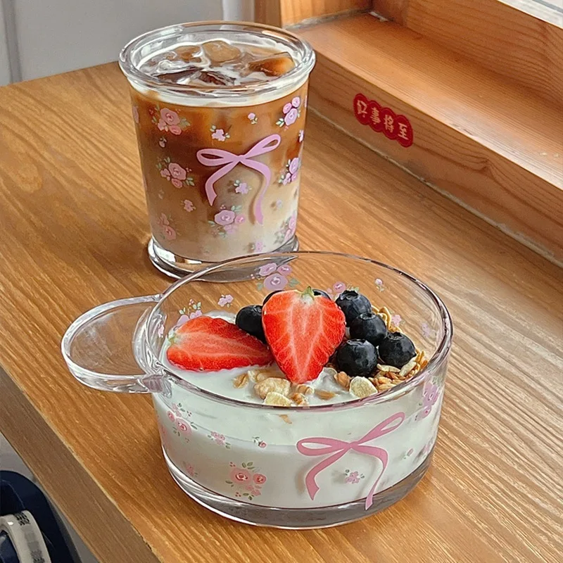Стеклянная кружка с розовым бантом, чашка для завтрака, молока ...
