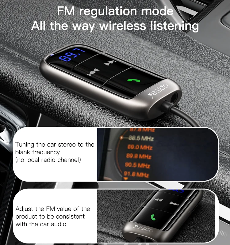 YESIDO Wireless Bluetooth 5.0 AUX Car FM Audio Adapter Handsfree MP3 ...