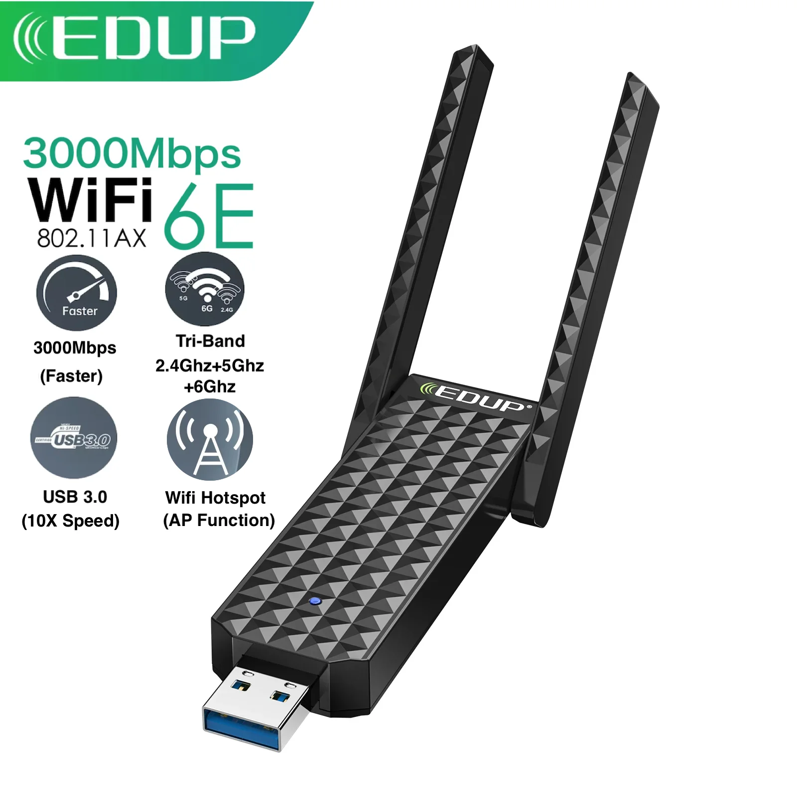 EDUP WiFi 6E USB-адаптер Беспроводная сетевая карта 3000 Мбит/с Трехдиапазонный USB 3.0 2,4G 5G ...