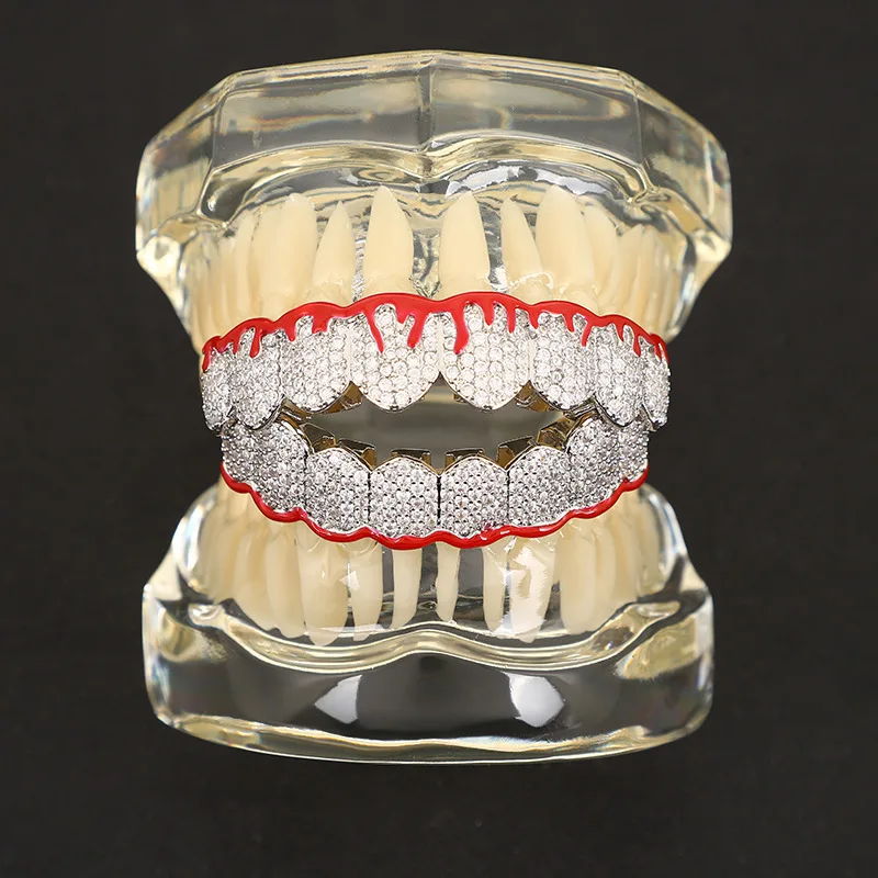 HipHop Flame CZ Teeth Set For Unisex Top Bottom Mouth Gold Silver Color ...