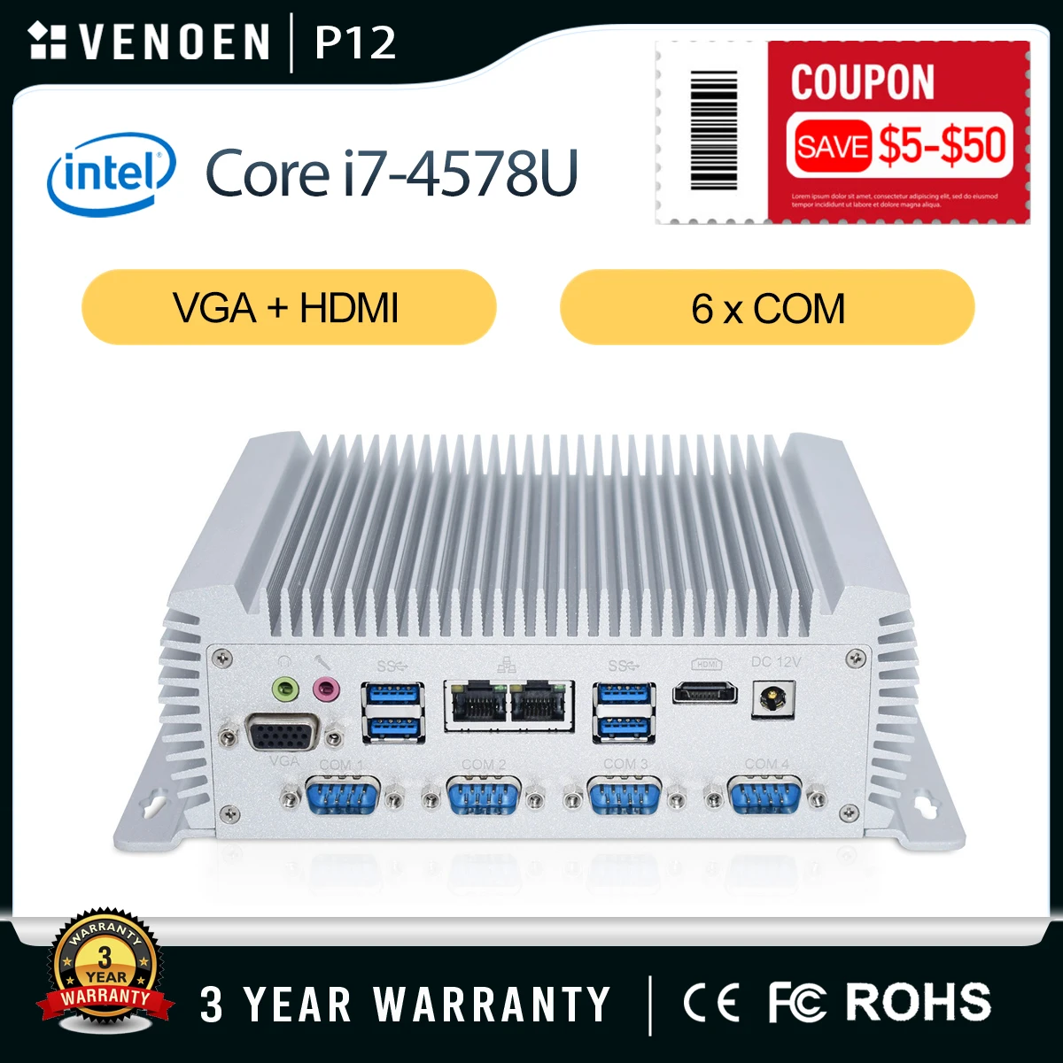 Мини-ПК безвентилятора VENOEN 6 * RS232 RS485 VGA HDMI Прочный ...