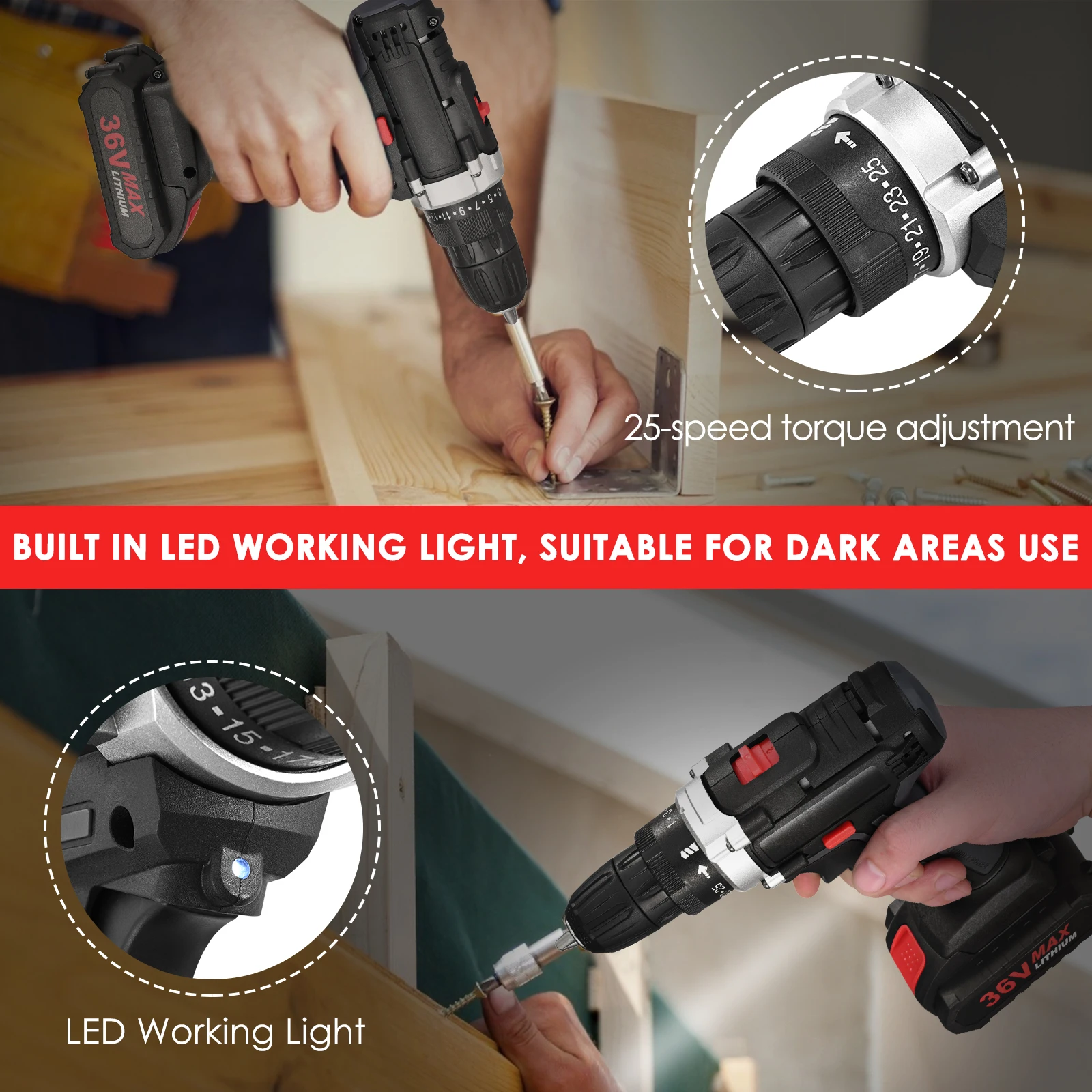 36V Cordless Electric Drill Set 15-Stop Torque Power Drill LED Electric ...