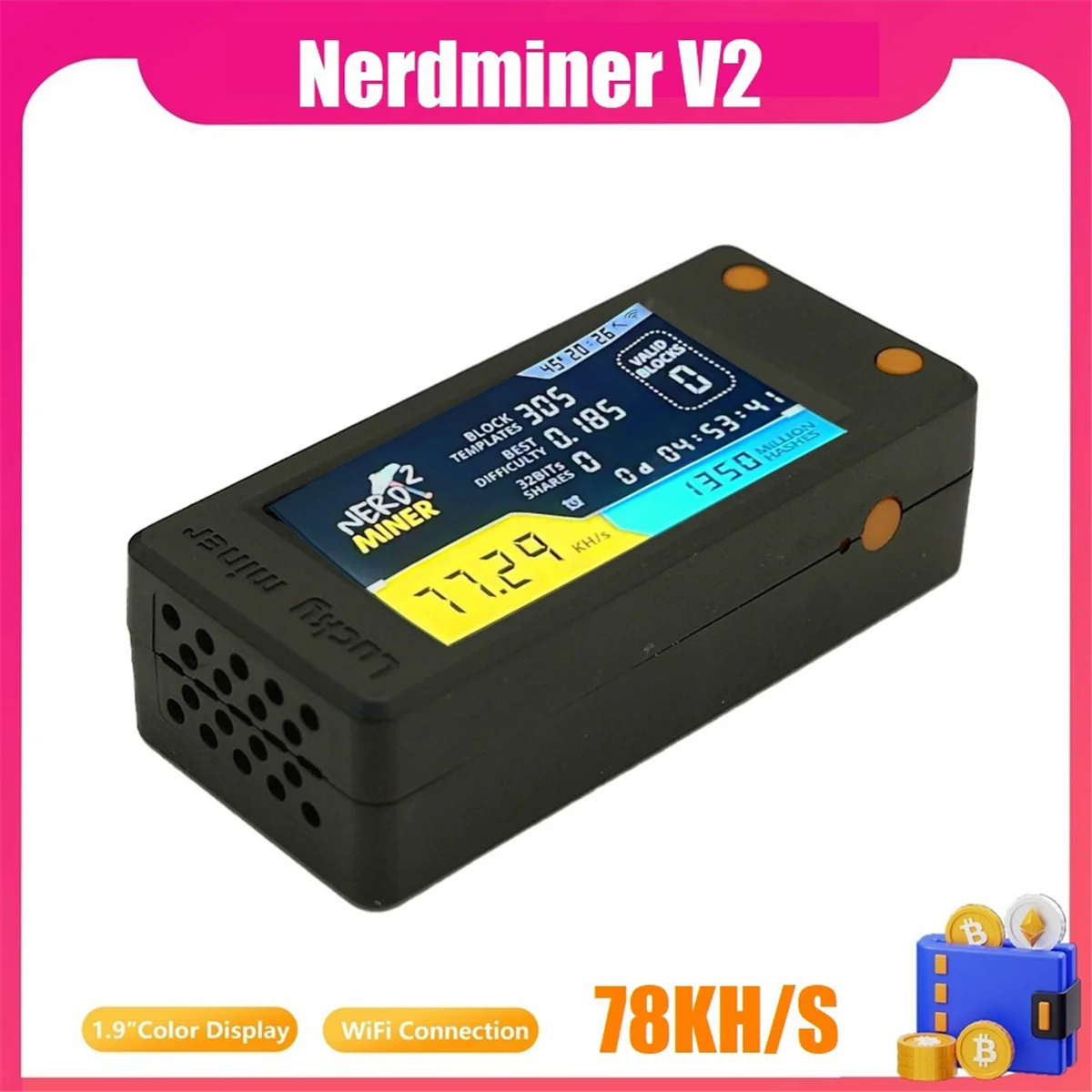 A13Z_Nerdminer V2 78KH/S BTC Solo Lottery Miner с ЖК-дисплеем Биткойн ...