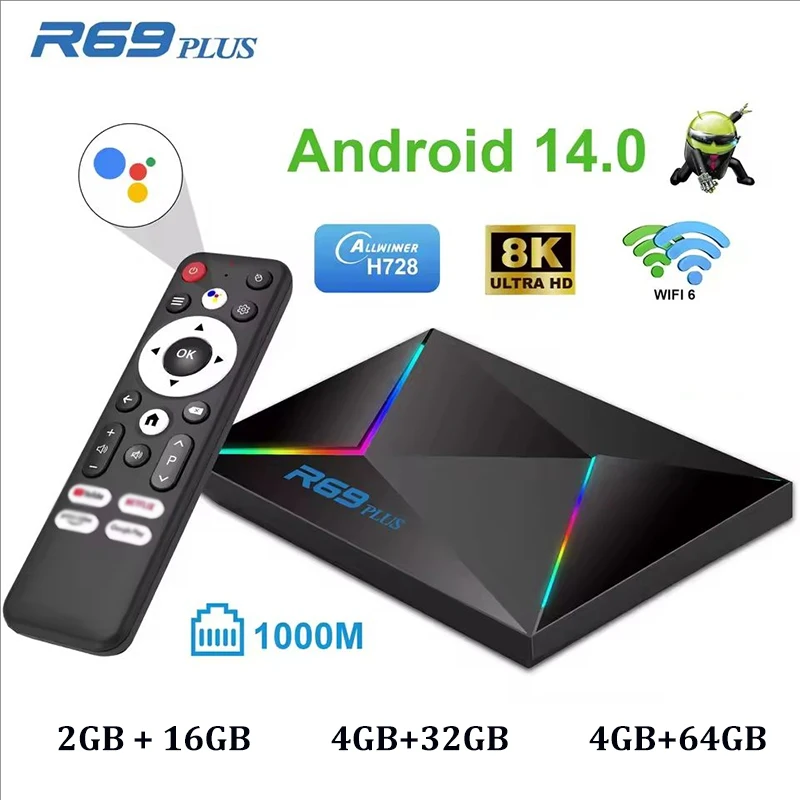Потовый медиаплеер R69 PLUS Android 14 Smart TV Box Allwinner H728 4G 64G 1000M LAN WiFi6 BT 4K ...