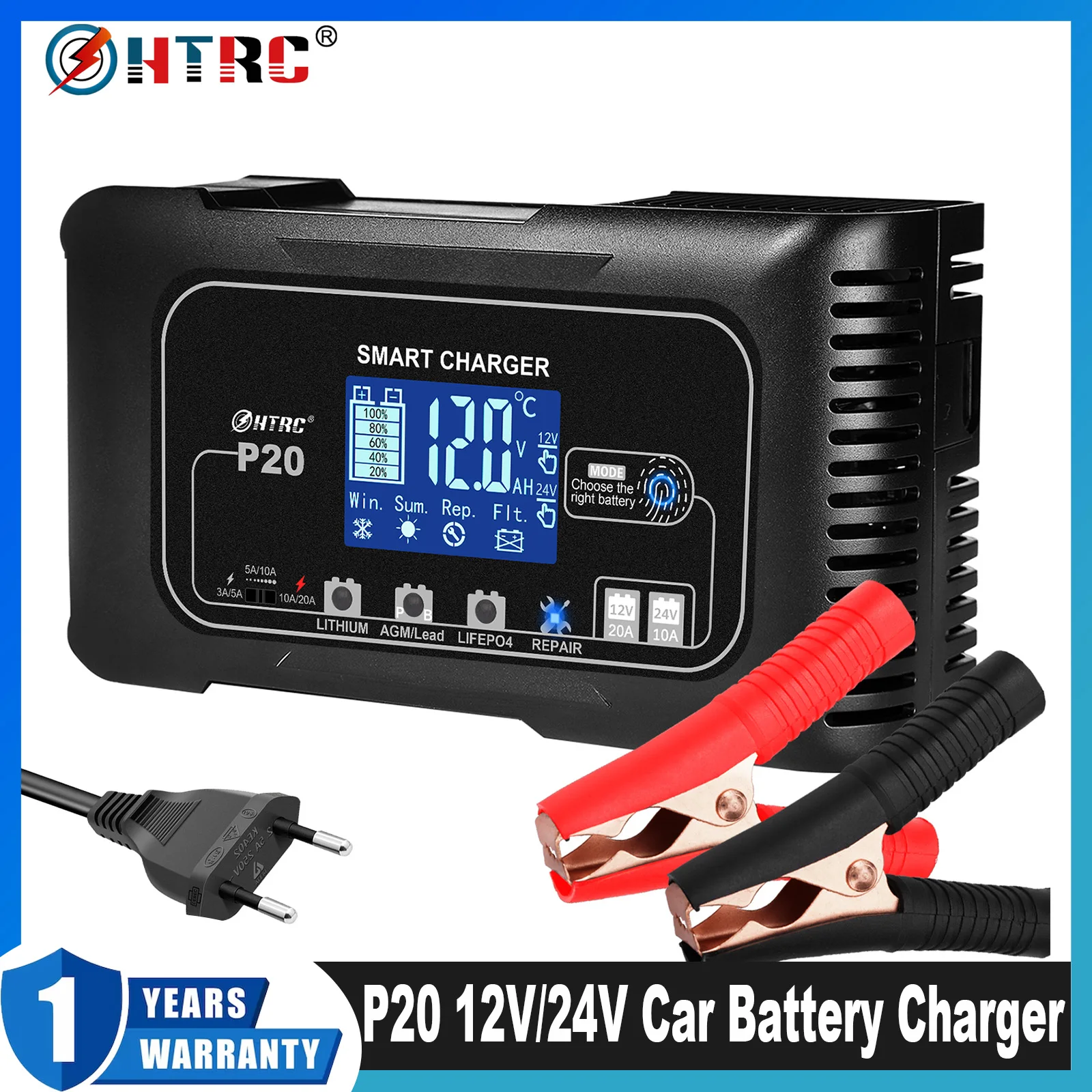 HTRC 20A 12V-24V P20 Зарядное устройство для умного автомобильного ...