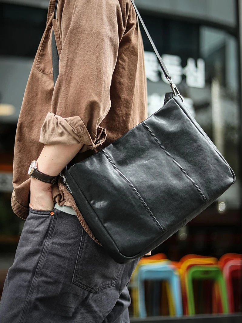 New 2025 Genuine Leather Men's Shoulder Bag Husband Black Messenger ...