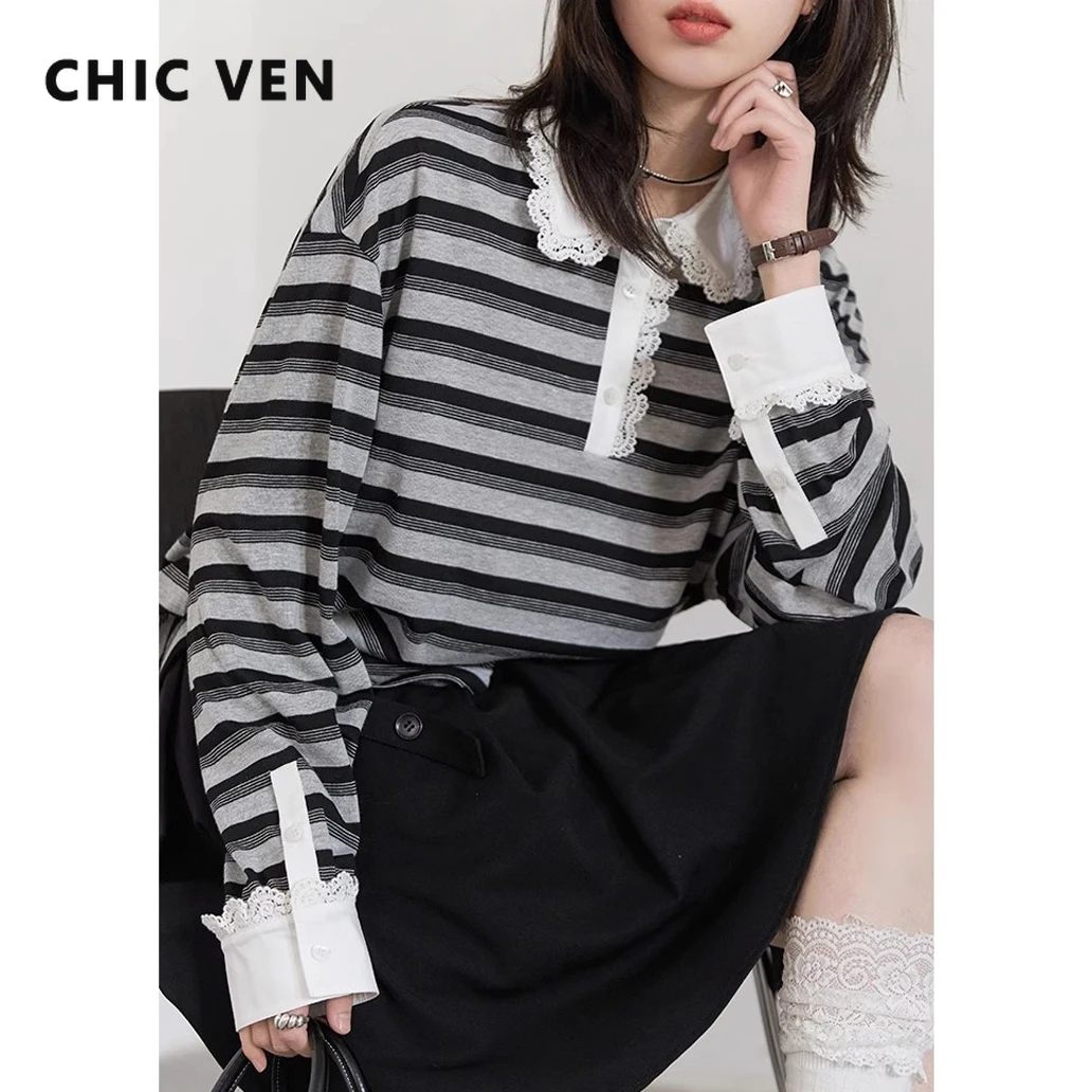 CHIC VEN модная женская футболка свободная повседневная кружевная кайма ...