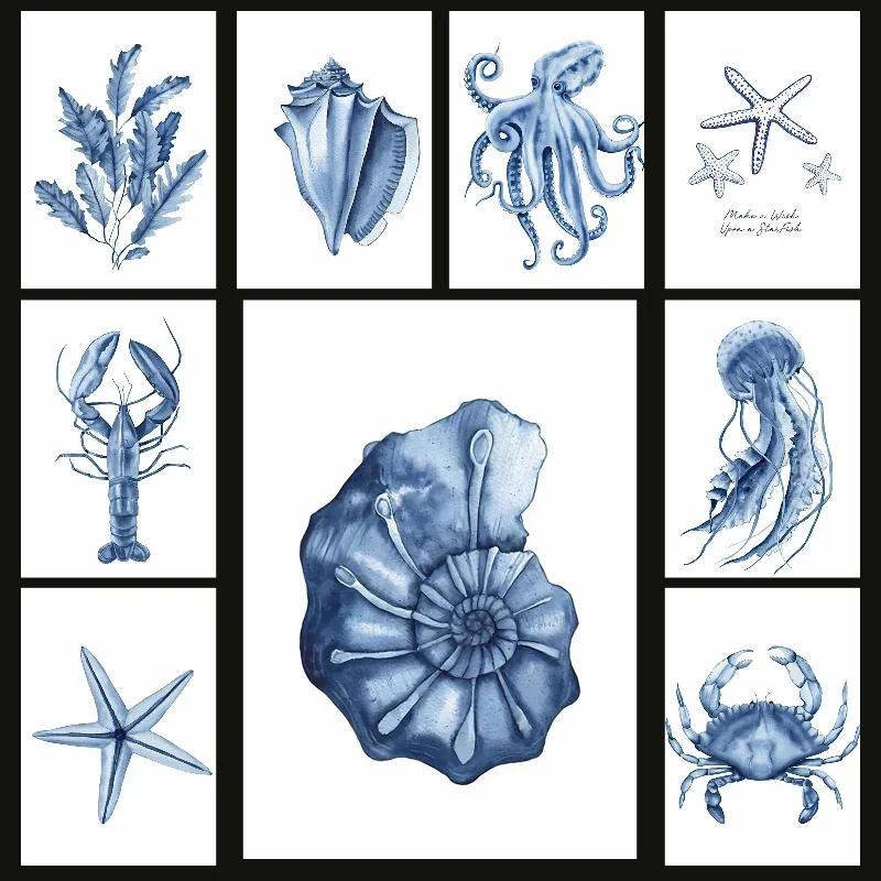 Watercolor Blue Coastal Sea Creatures Poster Self-adhesive Art ...