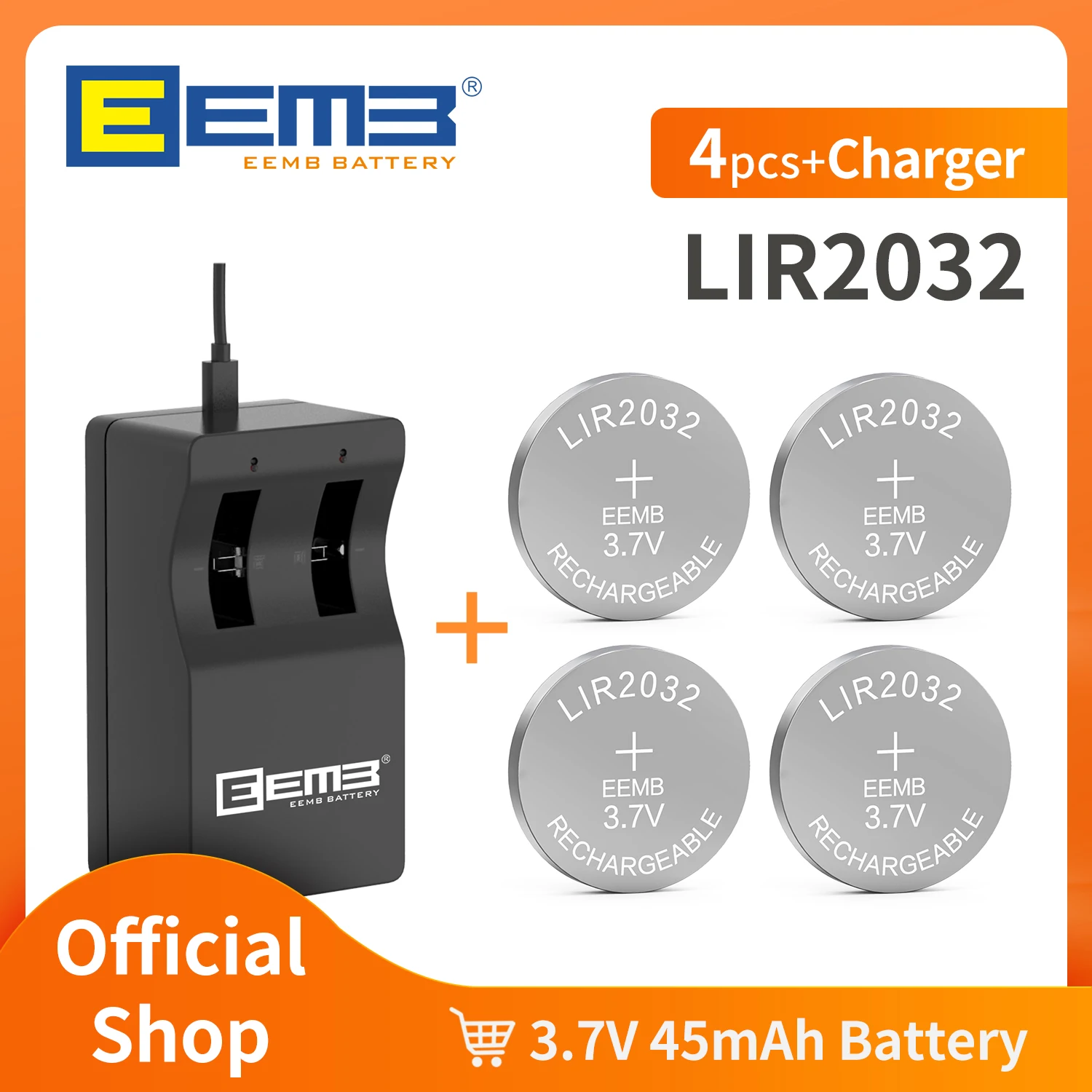 EEMB 4 шт. LIR2032 перезаряжаемая батарея с зарядным устройством 3,7 в ...