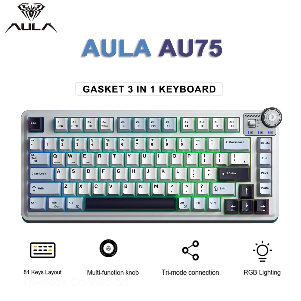 AULA AU75 Esports Gaming Keyboard 2.4G/BT/Wired PBT keycaps Hot Swappable RGB Mechanical ...