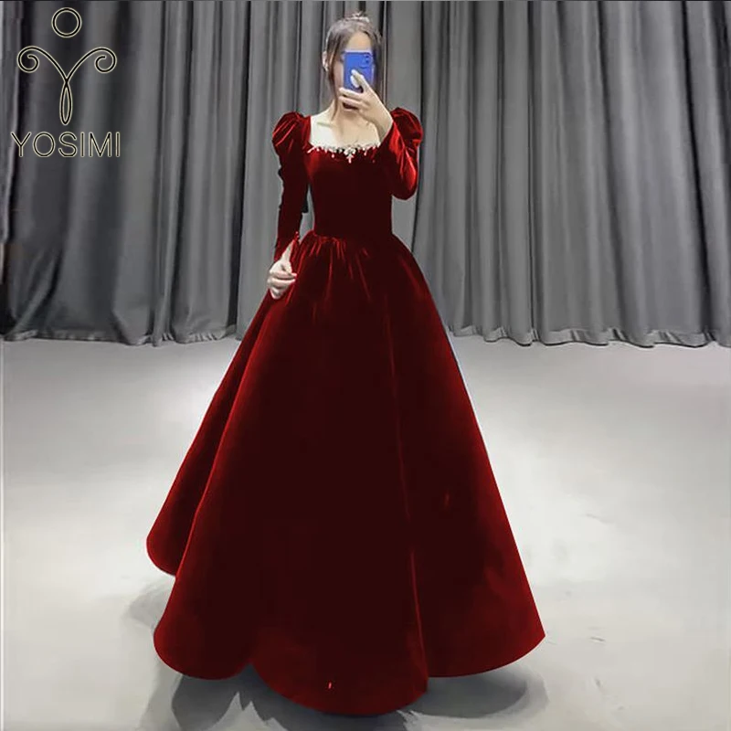 YOSIMI Бархатное платье красного цвета | AliExpress