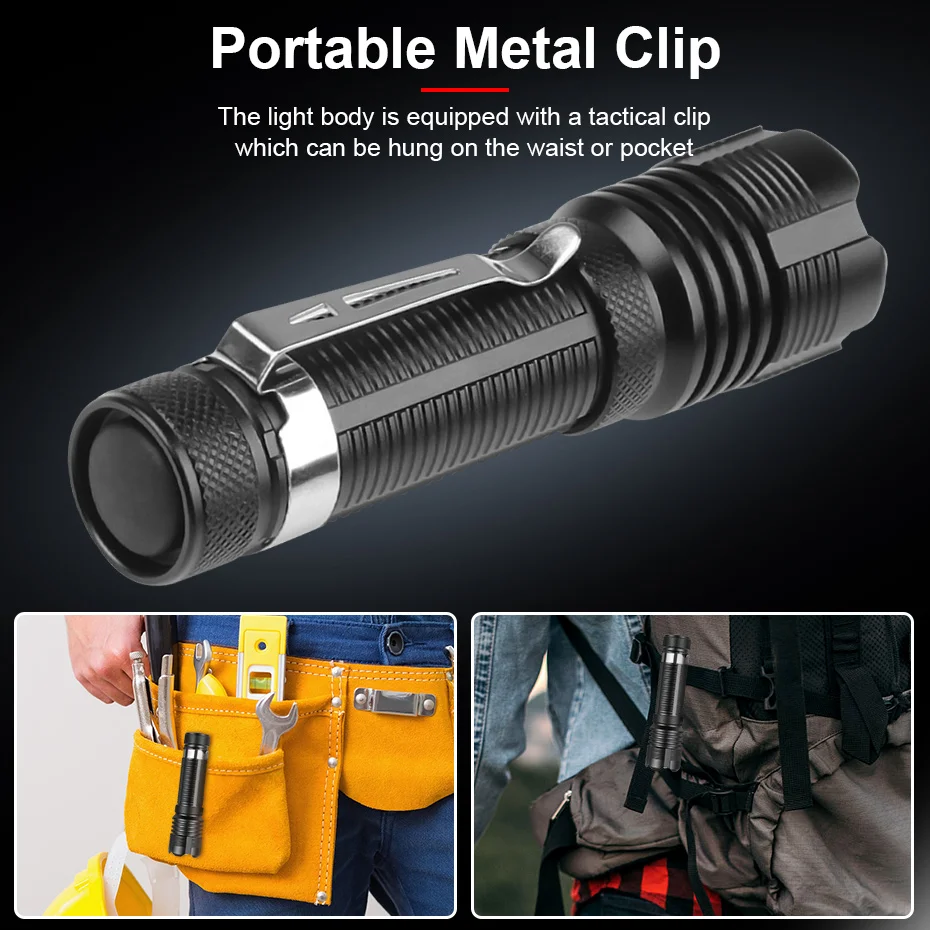 Mini LED Flashlight XHP50 Torch Light Lamp AA/14500 Telescopic Zoom ...