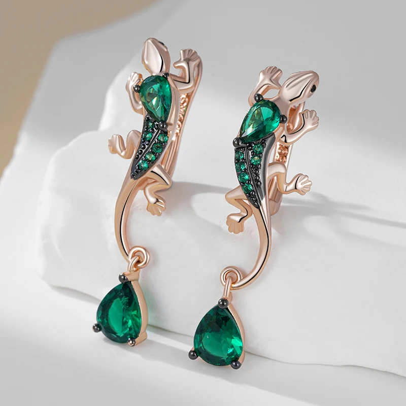 Серьги-капли Kinel с зеленым цирконом и ящерицей | AliExpress