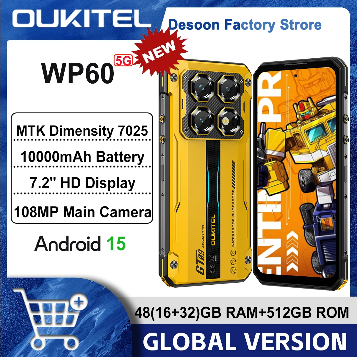 Прочный телефон OUKITEL WP60, 10000 мАч, 7,2-дюймовый HD+-дисплей, 48 ГБ (16+32) + 512 ГБ ...