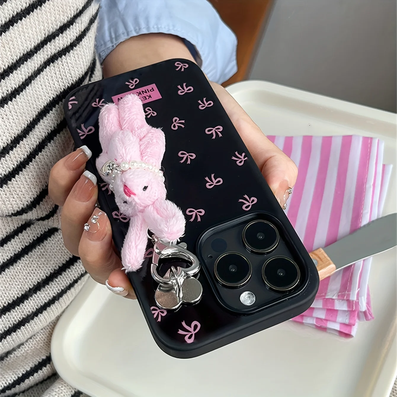 Корейский Симпатичный розовый чехол с бантом и меховым кроликом для ...
