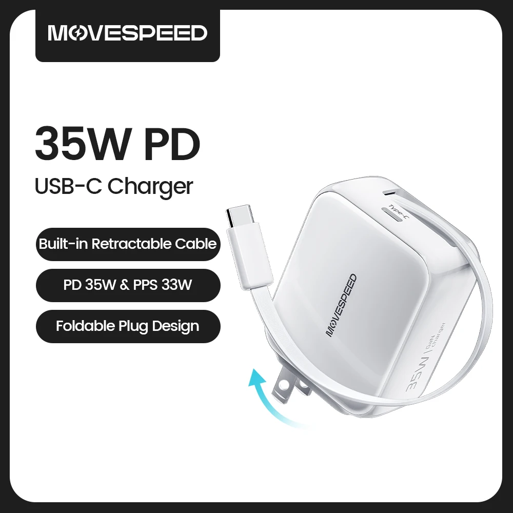 MOVESPEED 35W USB C Charger,Foldable PPS PD Fast Charging Charger,Retractable Cable GaN Charger ...