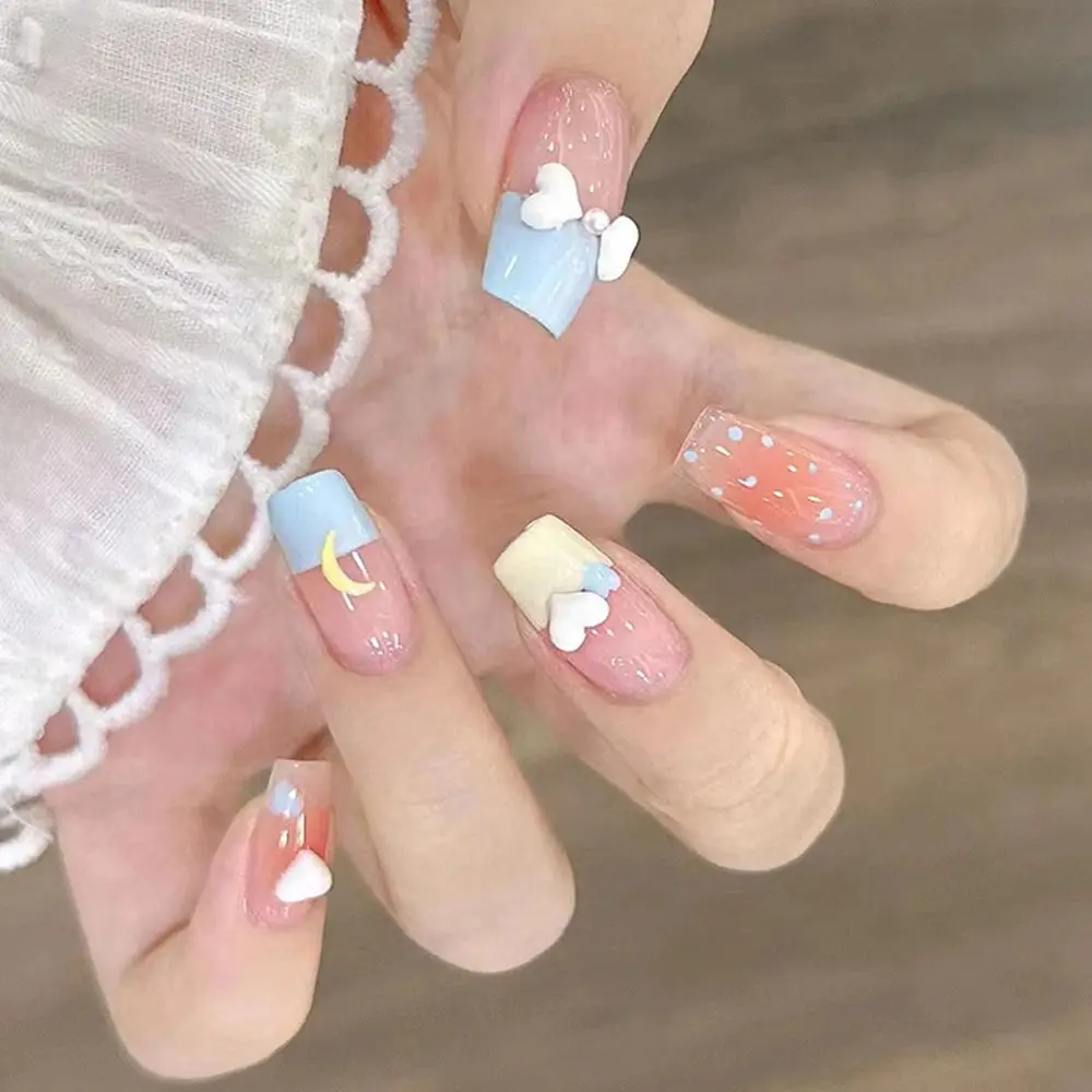 24 шт длинные квадратные накладные ногти французские накладные ногти с милым любовным сердцем