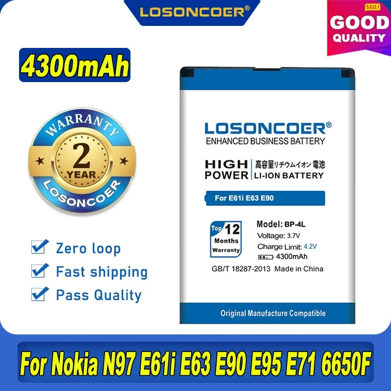 LOSONCOER 4300 мАч BP-4L BL-4L аккумулятор для Nokia E61i E63 E90 E95 E71 6650F N97 N810 E72 E52 ...