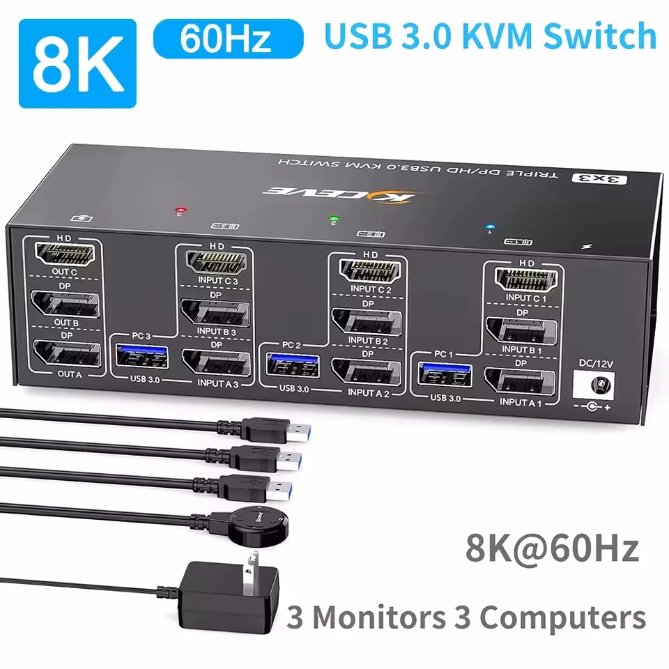 KVM-переключатель 3 монитора 3 компьютера 8K при 60 Гц 4K при 144 Гц, HDMI + 2 KVM-переключатель ...
