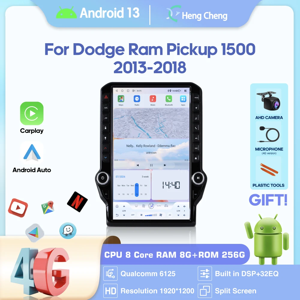 14,5-дюймовый автомобильный мультимедийный видеоплеер Android13 для Dodge Ram Pickup 1500 2013 ...