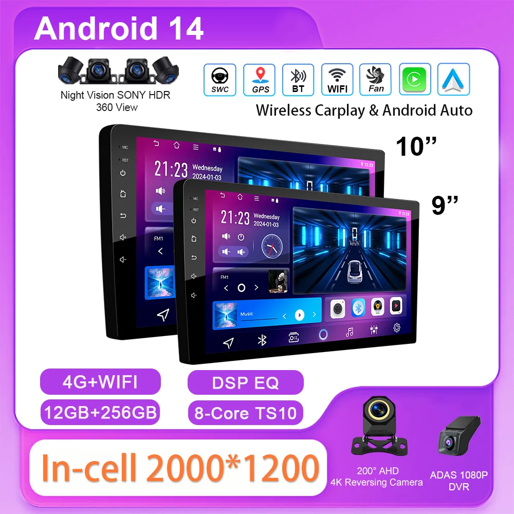 Android 14 2 Din Автомобильный радиоприемник Carplay Android Auto 9 10-дюймовый универсальный ...