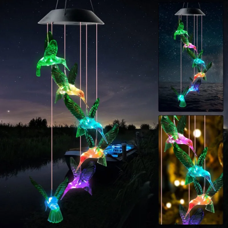 1pc Solar Blue Hummingbird Wind Chime Light LED Hummingbird Courtyard ...