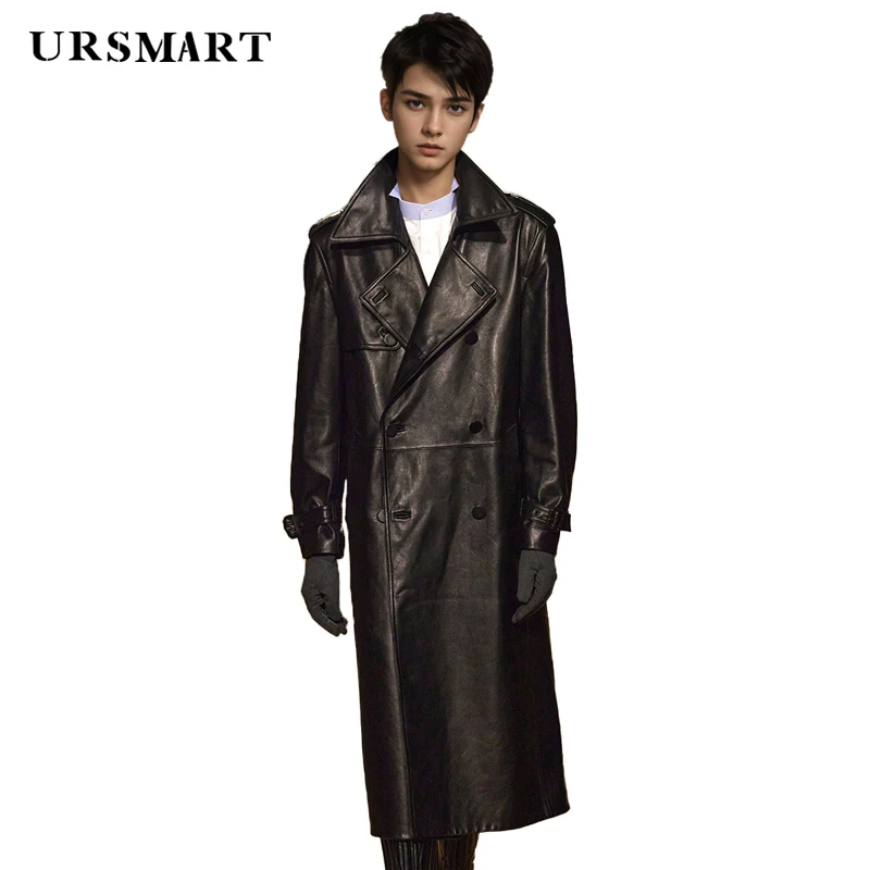 Мужской черный кожаный плащ Ursmart | AliExpress