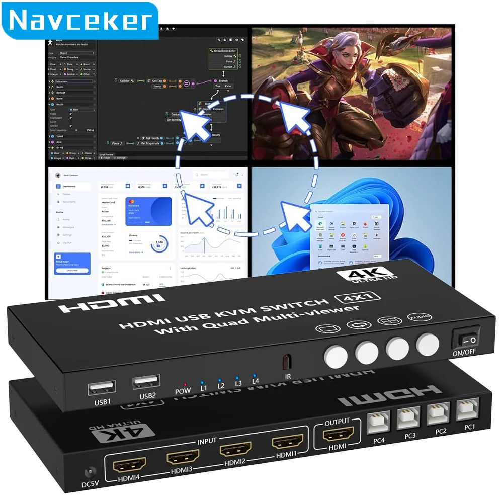Navceker 4K HDMI KVM переключатель 4x1 четырехъядерный мультипросмотр 4 в 1 выход KVM HDMI экран ...