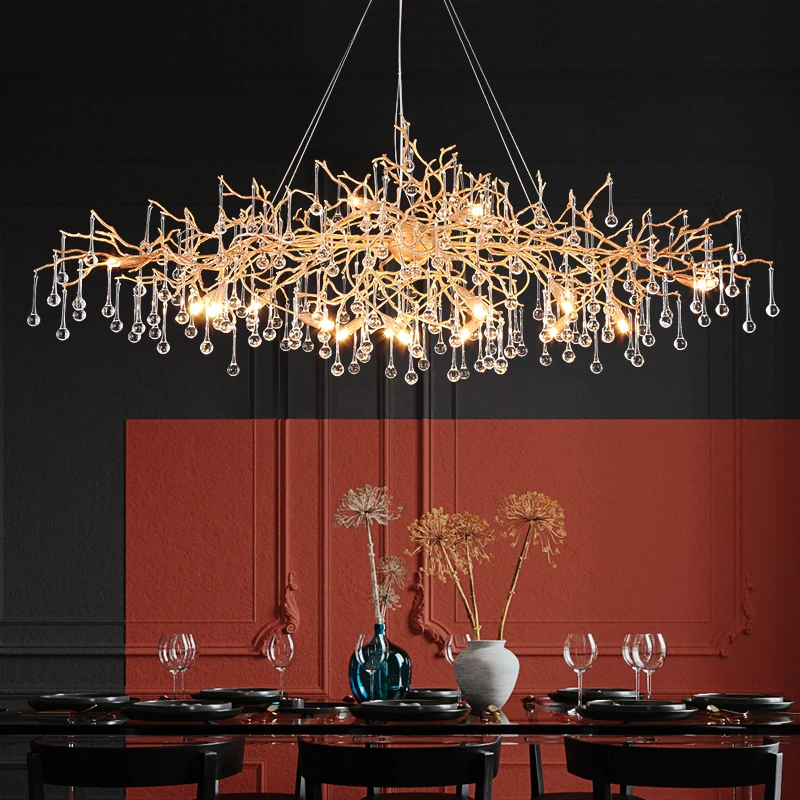 Modern Crystal Chandelier Linear Tree Branch Copper Lighting Fixture ...