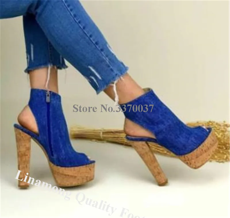 Sepatu Bot Pendek Denim Sepatu Bot Pergelangan Kaki Tumit Tebal Wol ...