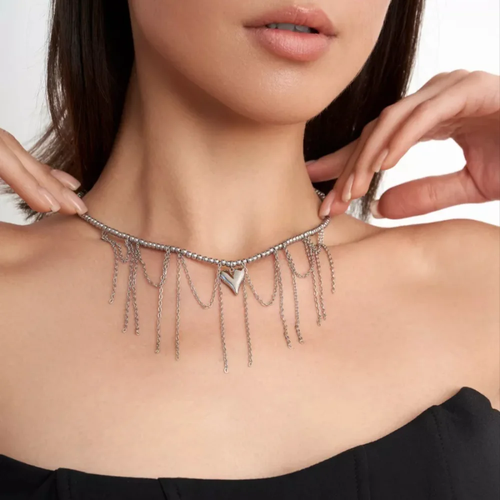Серебряное ожерелье сердце с кисточкой | AliExpress