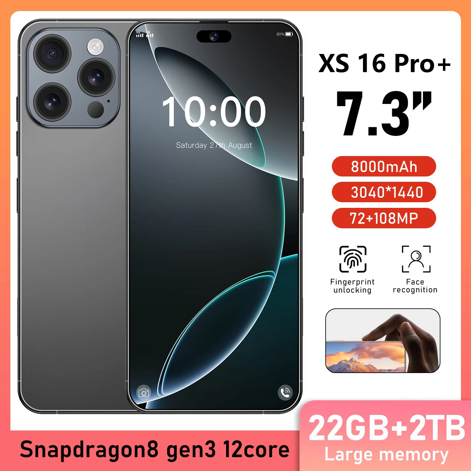 Оригинал для бренда 22 ГБ + 2 ТБ для смартфона 7,3 дюйма XS16 Pro + полноэкранный мобильный ...