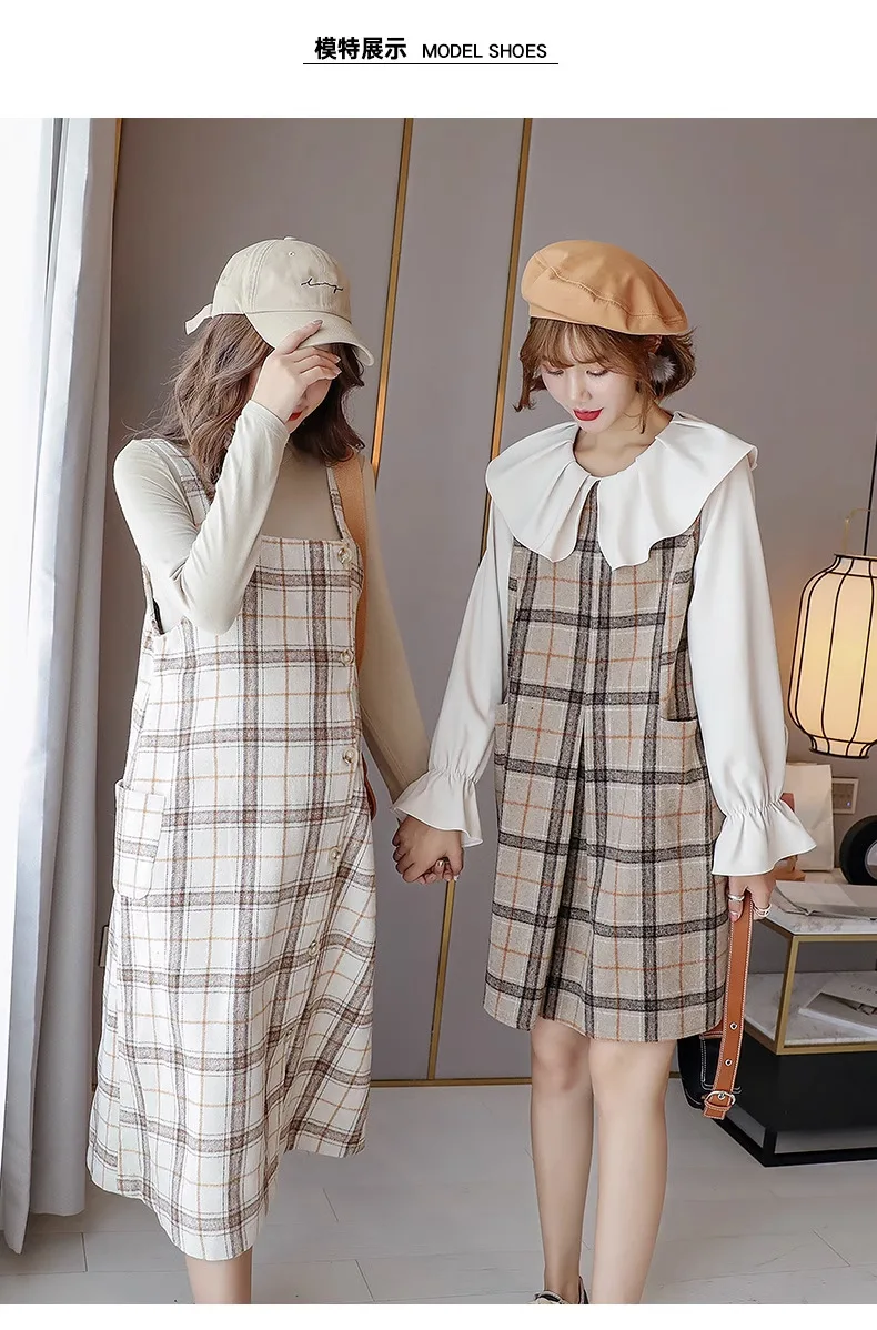 2025 Spring Maternity Strap Dress Fashion Pregnant Woman Plaid Woolen ...