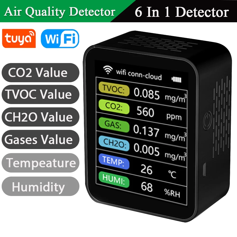 Детектор качества воздуха Tuya Wi-Fi 6 в 1 детектор TVOC CO2 измеритель газов CH2O датчик ...