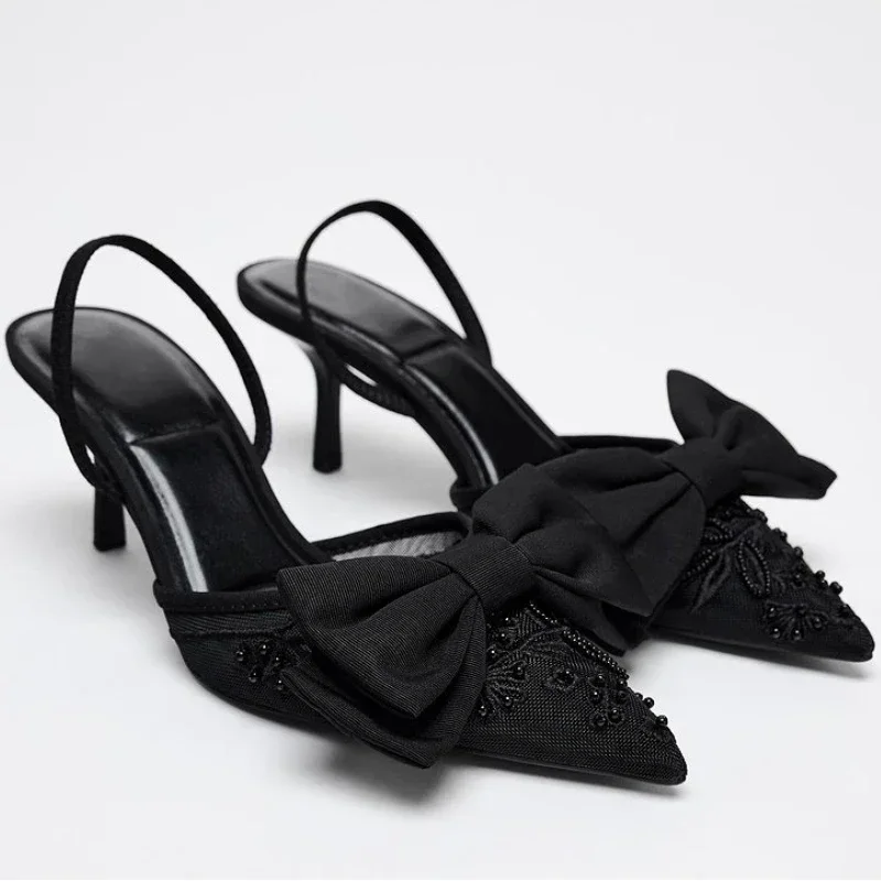 Brand Designer Thin High Heels Women Bow String Bead Pointed Slingback ...