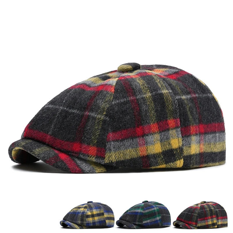 Мужская многоцветная клетчатая восьмиугольная шерстяная теплая передняя шляпа детская шляпа с