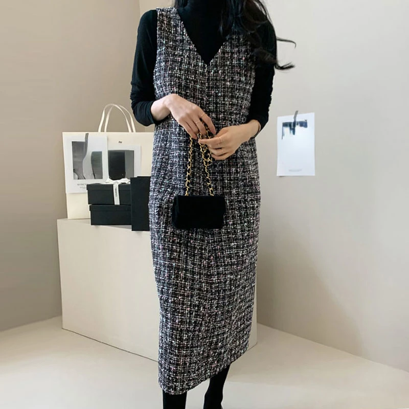 Женское твидовое платье майка с V образным вырезом Женская одежда АлиЭкспресс