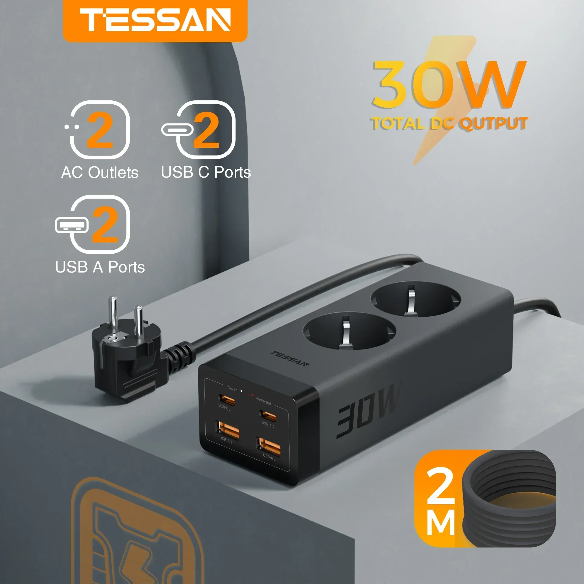 Удлинитель с несколькими розетками и 2 розетками + 2 USB + 2 типа C ...