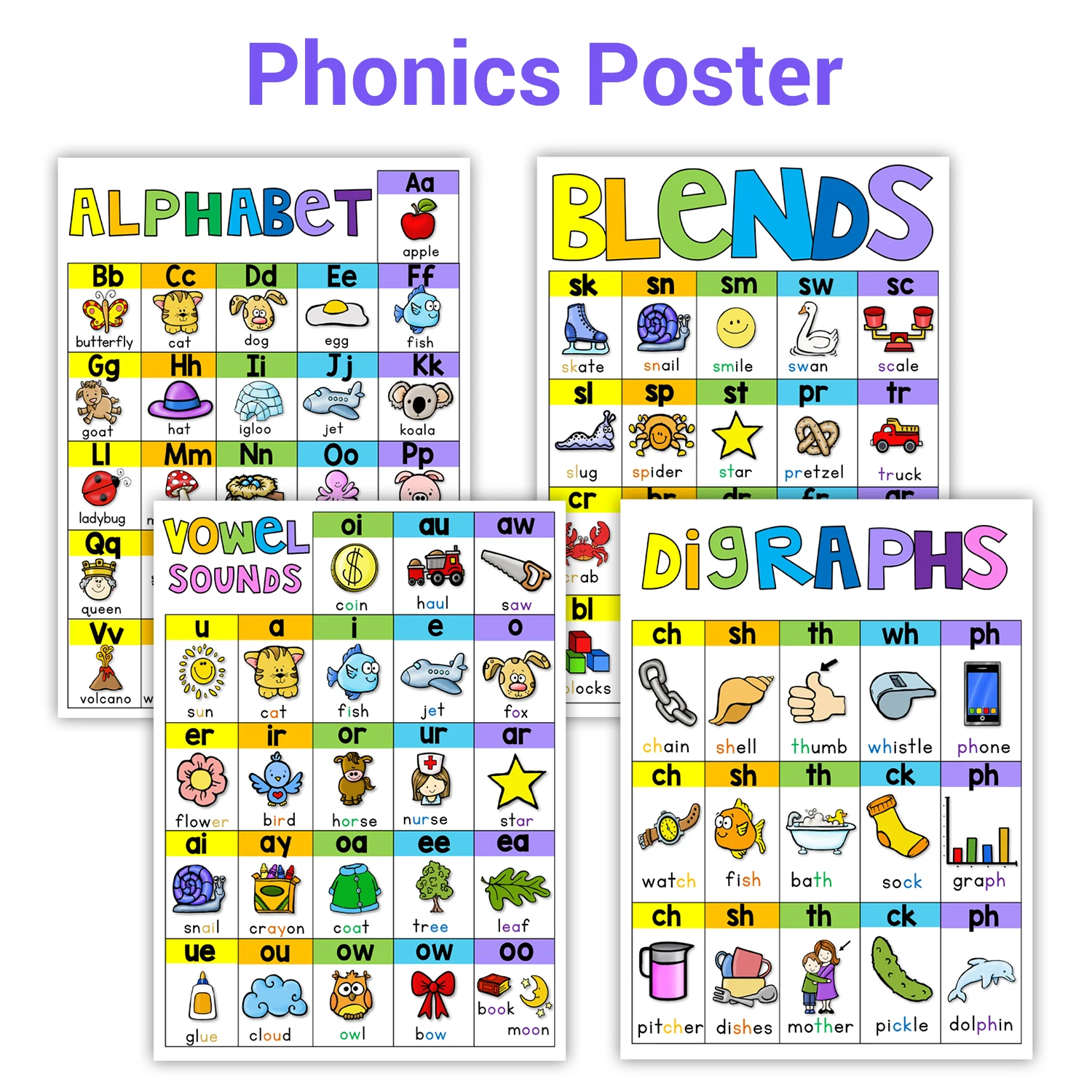 10pcs A4 Size Phonics English Learning Cards Educational Posters For ...