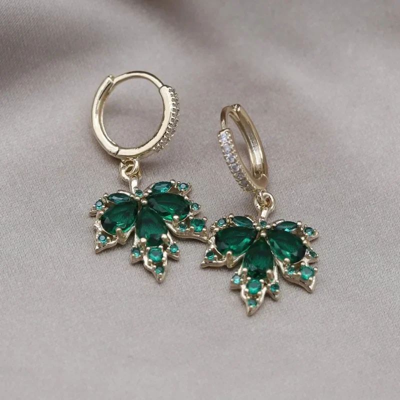 Korea New Fashion Jewelry 14K Gold plated Zircon green Maple Leaf Love hoop Earrings Elegant Women s Prom Party Accessories AliExpress