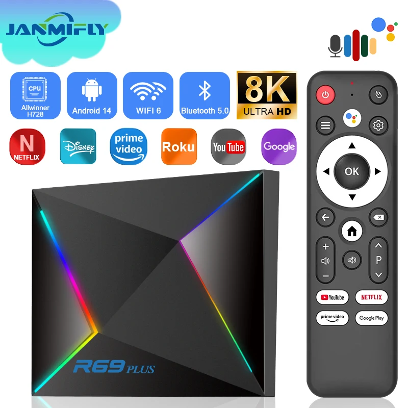 Телеприставка R69 Plus Android 14 TV Box Allwinner H728 WiFi 6 Ultra HD 8K Smart Octa-core ARM ...