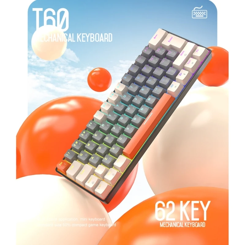 T60 Russian/English Mini Gaming Mechanical Keyboard 62 Keys RGB Type-C ...