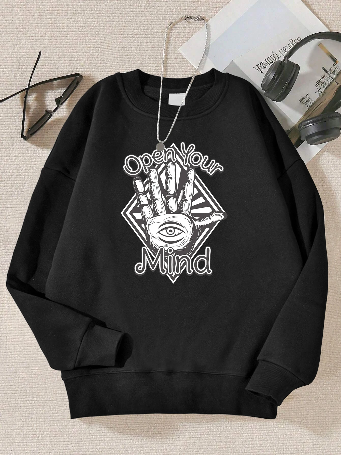 Open Your Mind Hand Design Female Sweatshirt Street Crewneck Streetwear ...