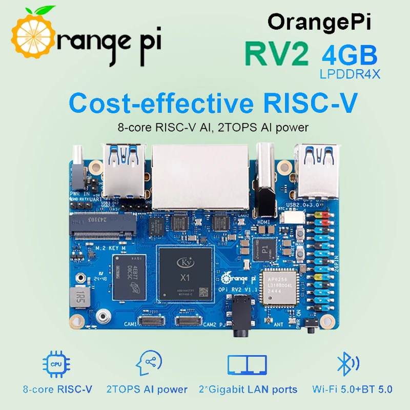 Orange Pi RV2 4 ГБ ОЗУ Одноплатный DDR4 8-ядерный RISC-V WiFi BT5.0 2TOPS AI CPU M2 PCIE SSD BLE ...